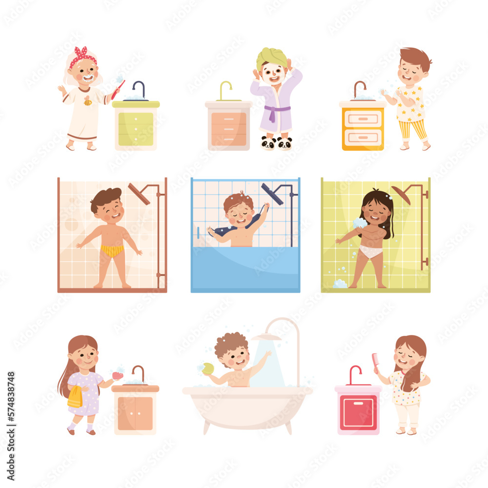 Cute happy little children doing everyday hygiene activities set. Kids ...