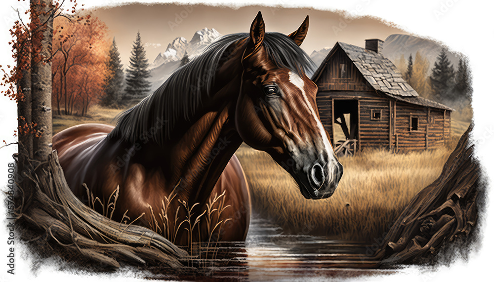"Western Horse Art with Barn and Stream" - a stunning artwork of a ...