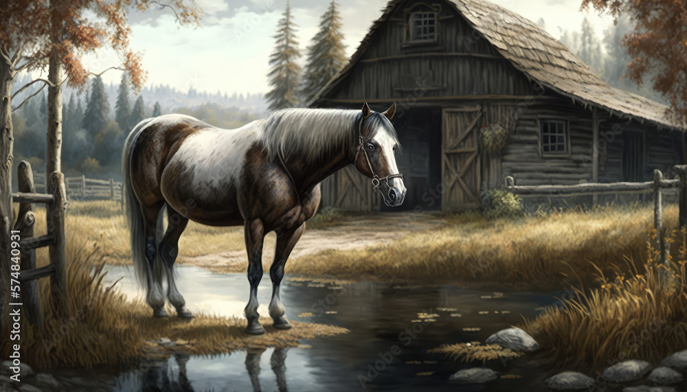 "Western Horse Art with Barn and Stream" - a stunning artwork of a ...