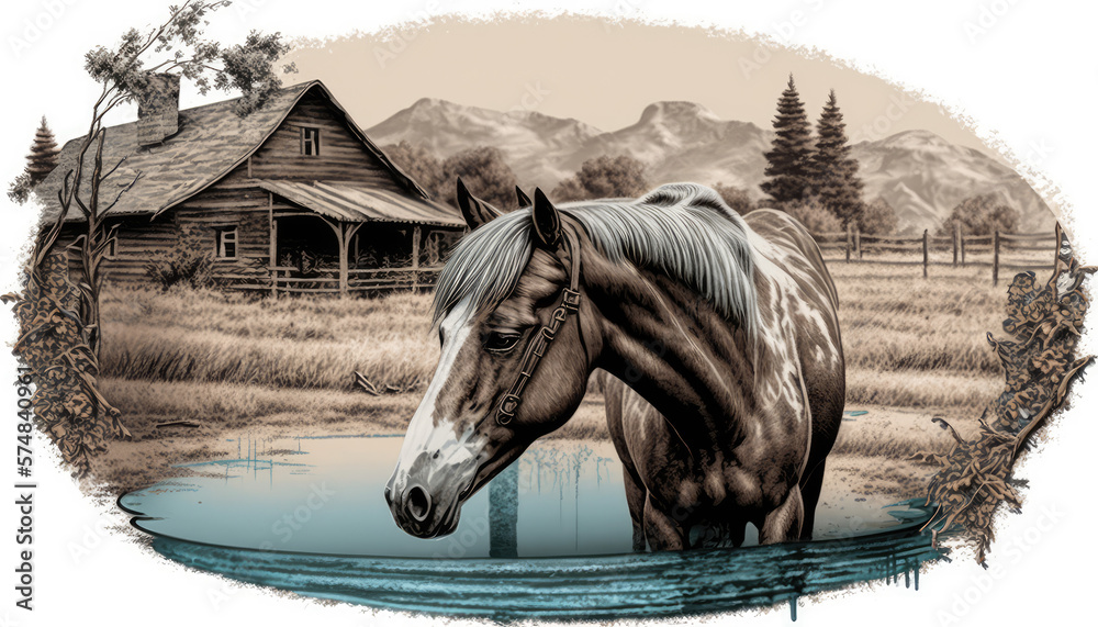 "Western Horse Art with Barn and Stream" - a stunning artwork of a ...