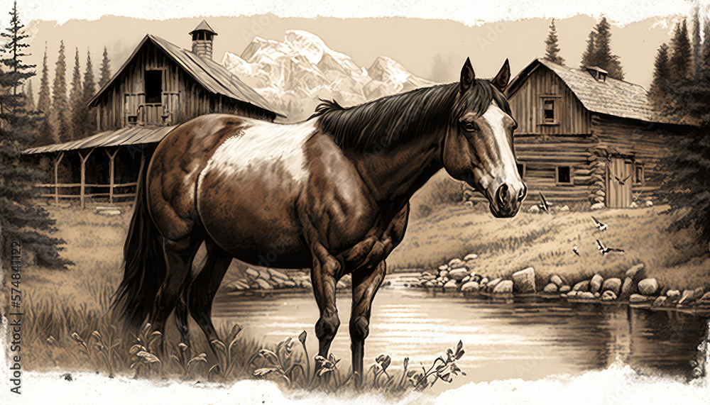 "Western Horse Art with Barn and Stream" - a stunning artwork of a ...