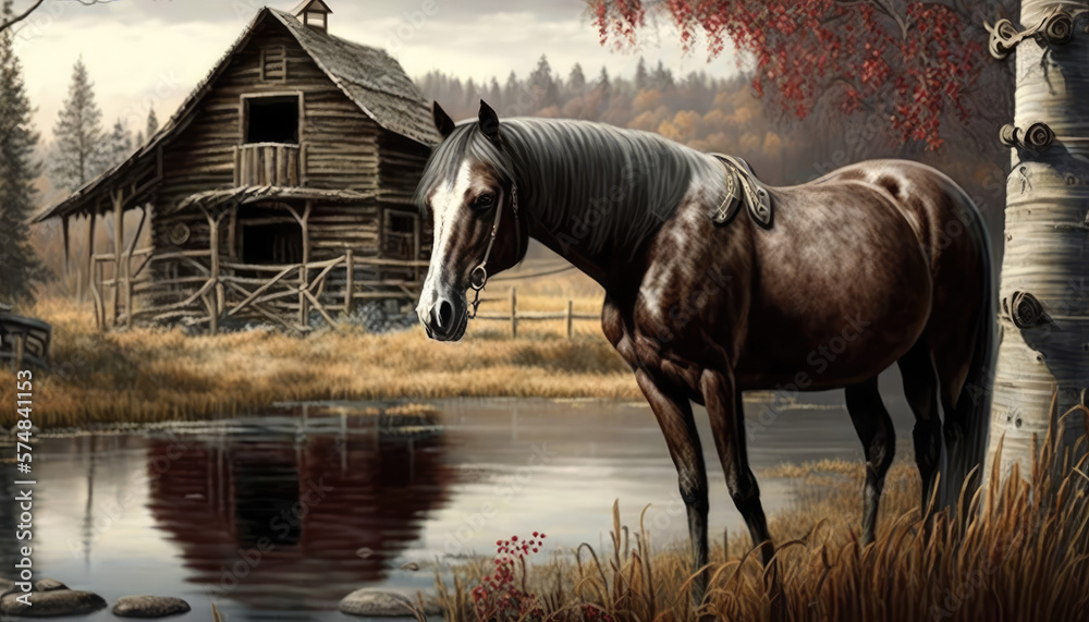 "Western Horse Art with Barn and Stream" - a stunning artwork of a ...