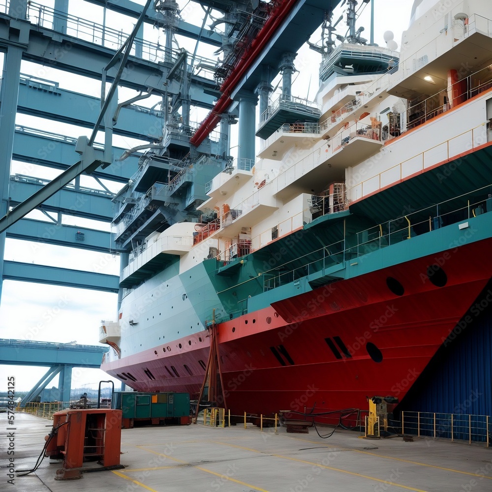 modern shipbuilding plant, production buildings, mooring wall, large ...
