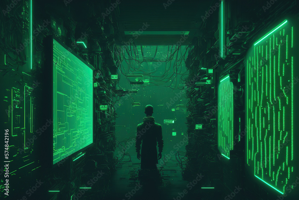 Horizontal Vivid Green Matrix Neo Cyberpunk Hacker Terminal Abstraction