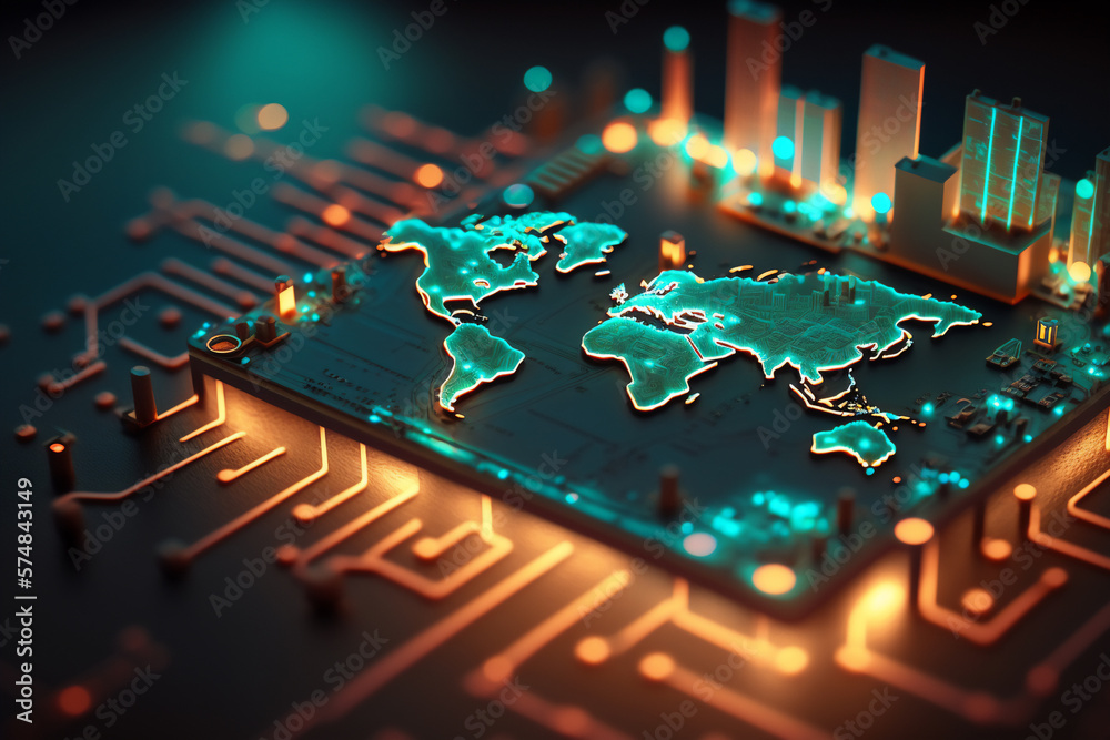 printed circuit board with A World map drawn in neon lines up on neon ...