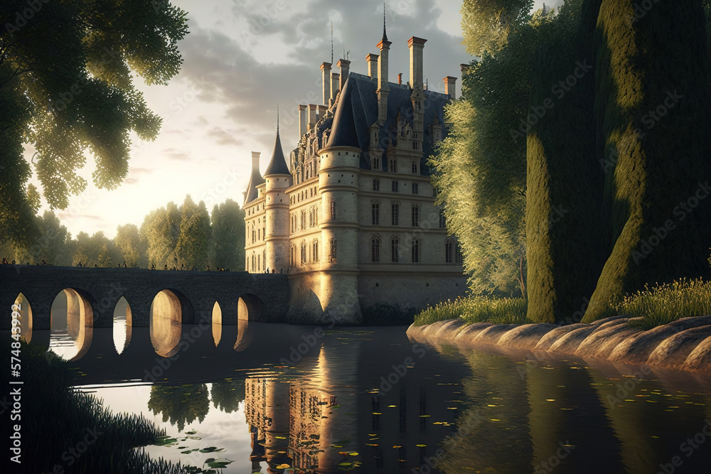 French Style castle Chateau with bridge and lake. Generative AI Stock ...