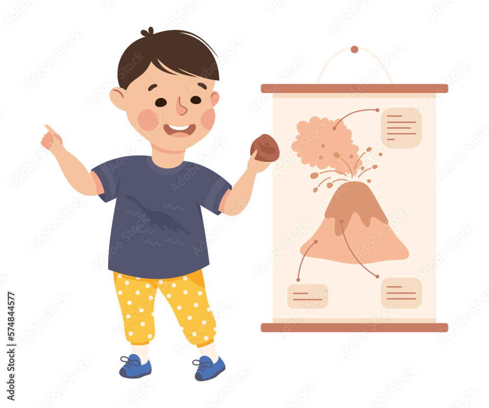 Cute happy little boy learning about volcano eruption. Preschool kid ...