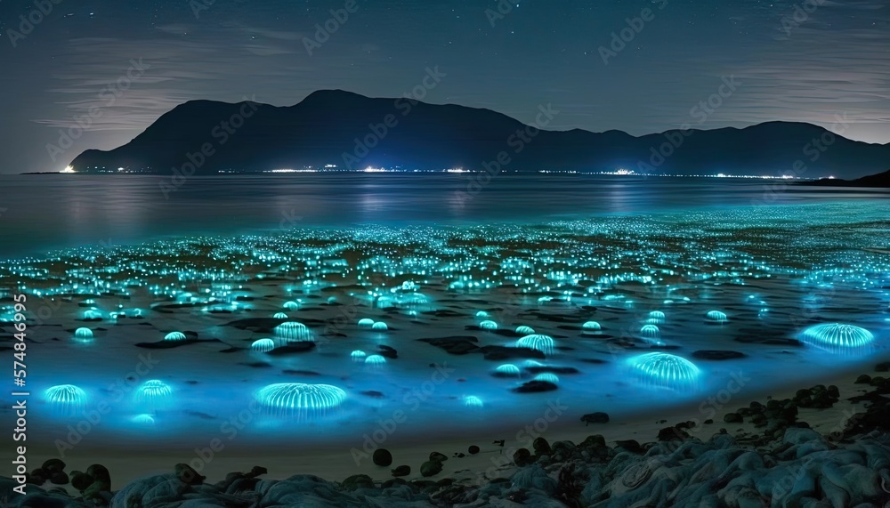 Bioluminescence. Blue, teal glowing jellyfish and underwater ocean ...