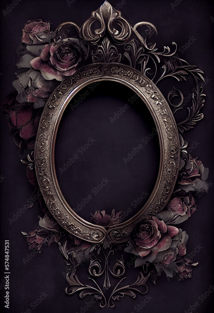 Guilded frame with dark gothic florals and botanicals, matte gold ...