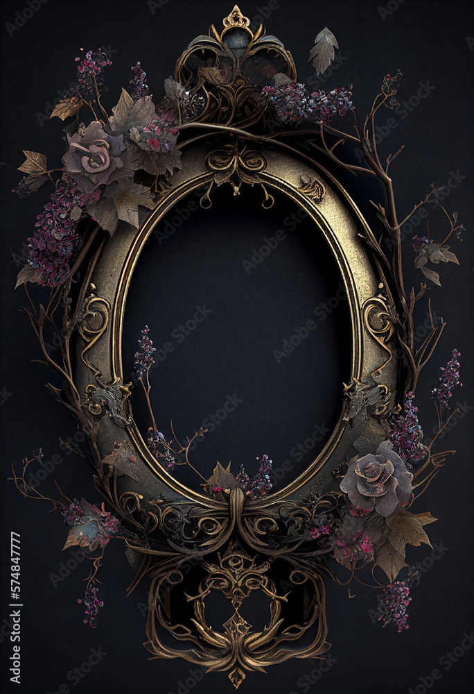 Guilded frame with dark gothic florals and botanicals, matte gold ...