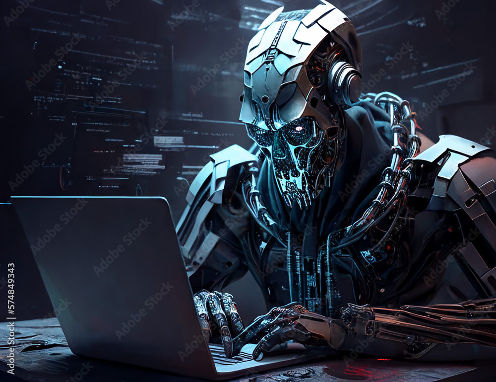 Robotic alien hacker typing computer laptop. Concept of hacking ...