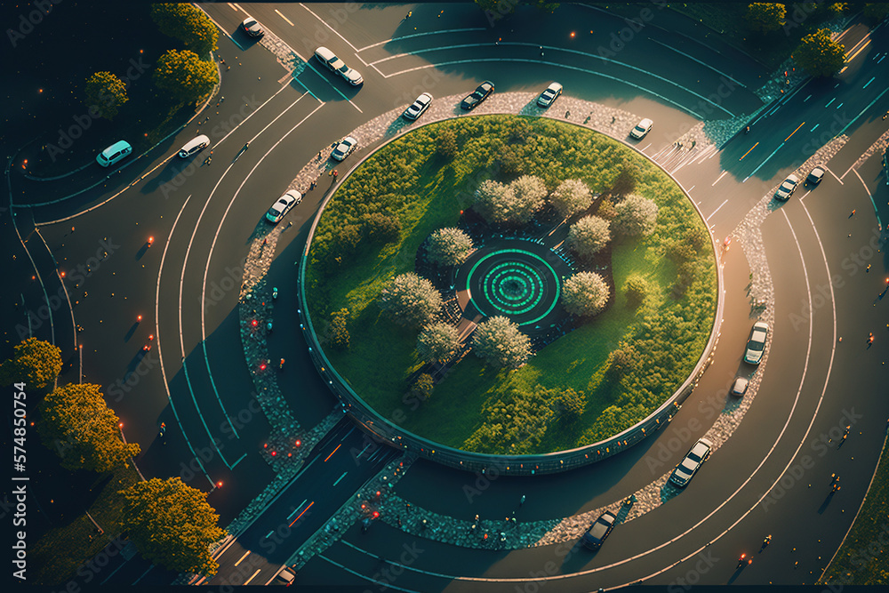 Concept for autonomous driverless vehicles and GPS navigation. Aerial ...