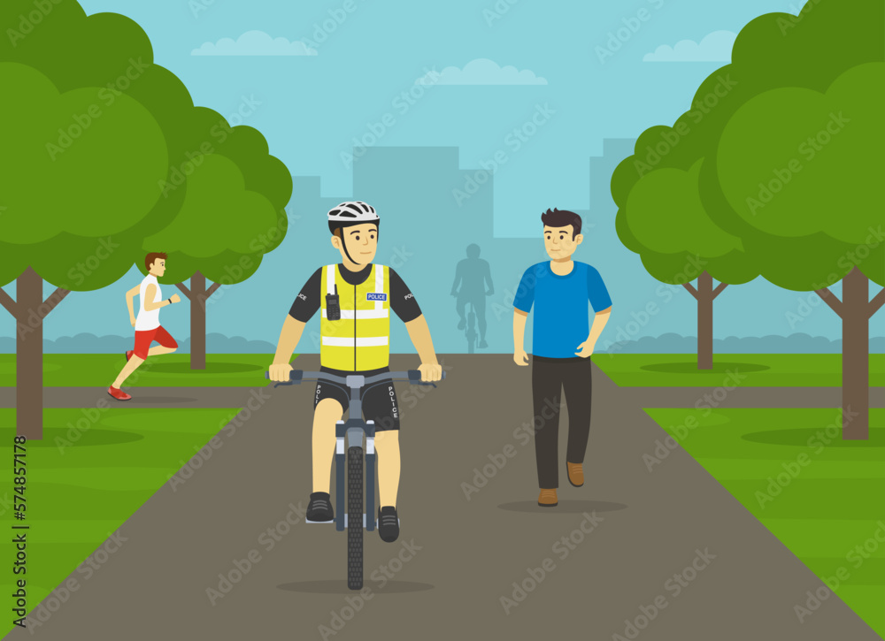 Police officer riding bike on park path. Front view of a bicycle patrol ...