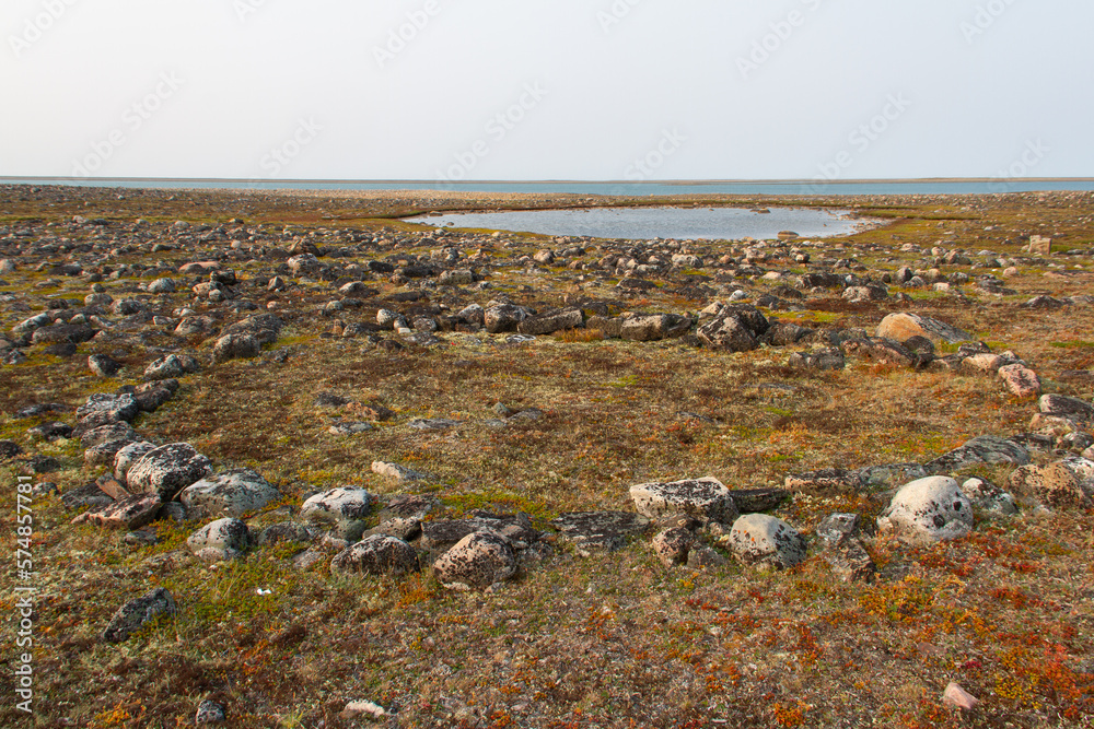 Remains of Inuit tent ring along the coast of Hudson Bay north of ...