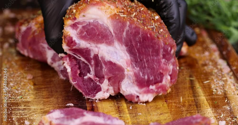 Processing and marinade with aromatic spices with salt of pork meat ...