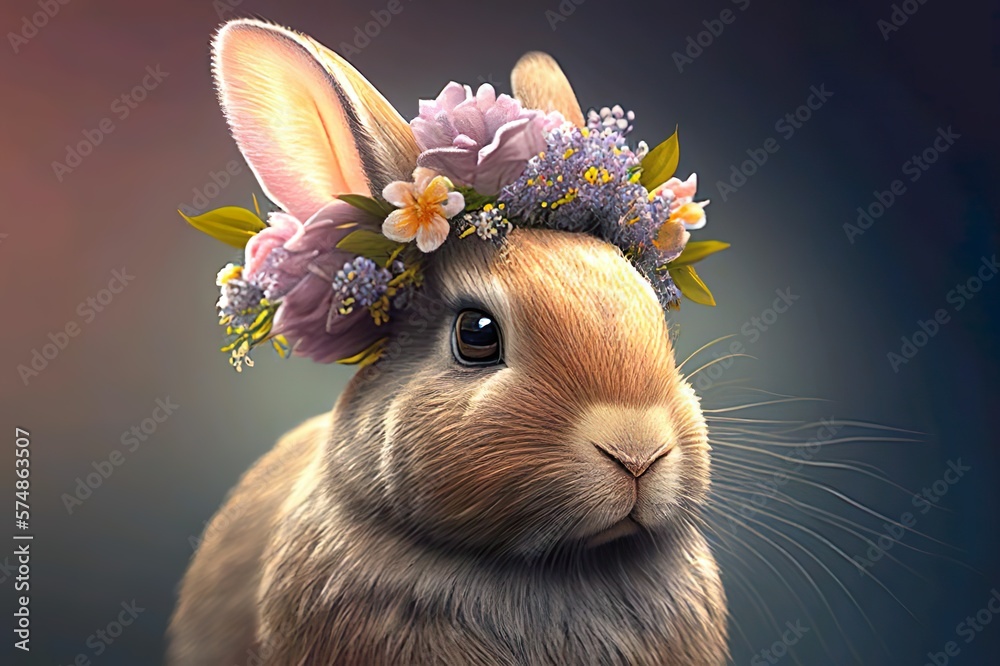 Stockillustratie Ein Hase / Osterhase mit mit einem schönen Blumenkranz ...