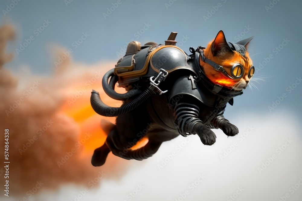 cat wearing a jetpack and flying in the sky (AI Generated) Stock ...