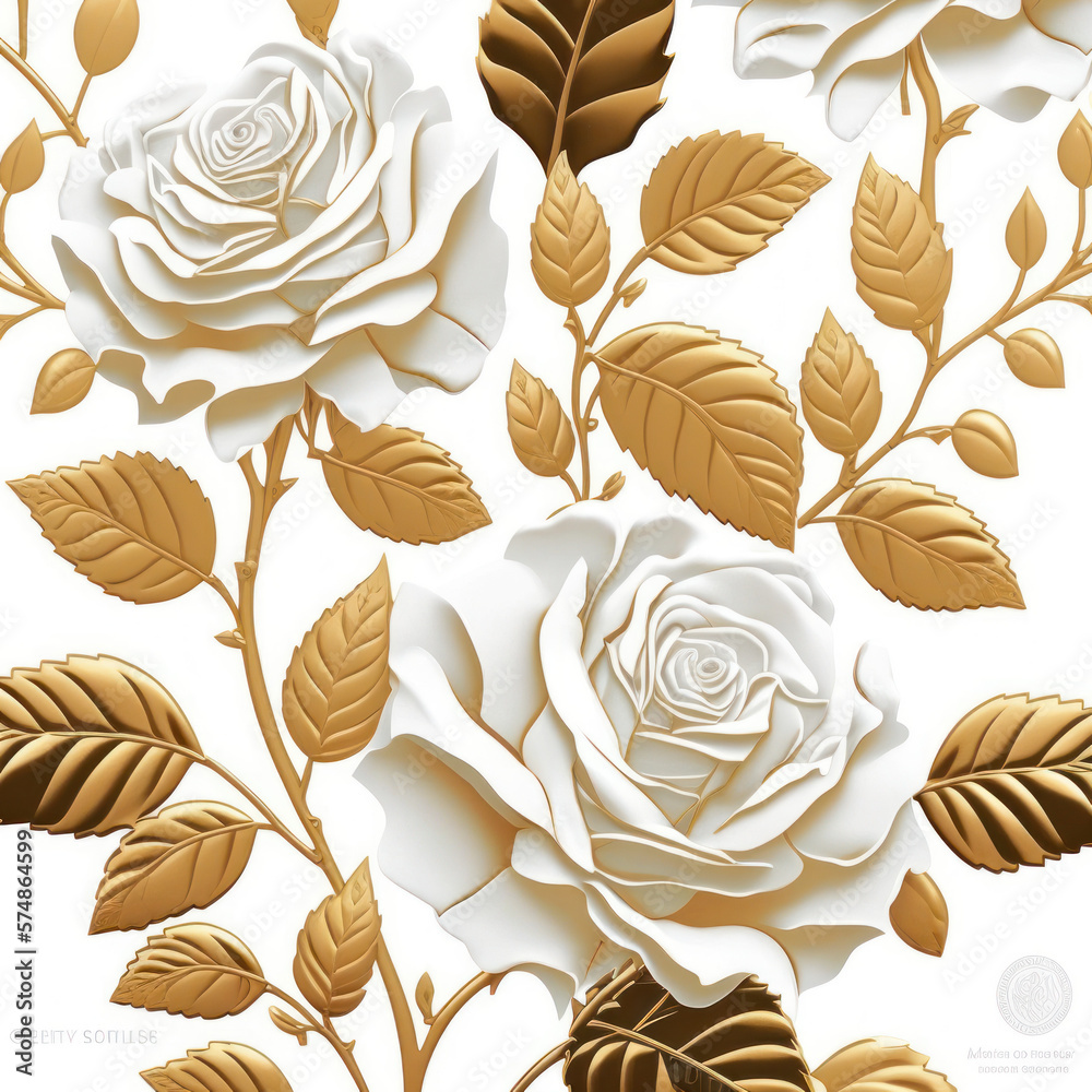 White rose flower with gold leaves, beautiful white and golden petals ...