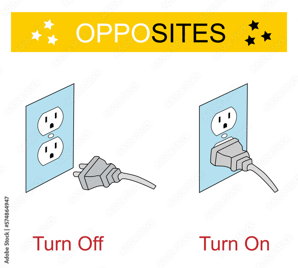 Educational material for kids. Opposites words: turn on and turn off ...