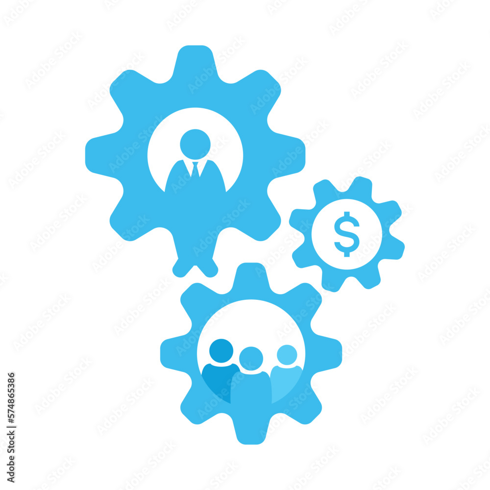 Gearwheel mechanism symbol combined with personnel and dollar icons ...