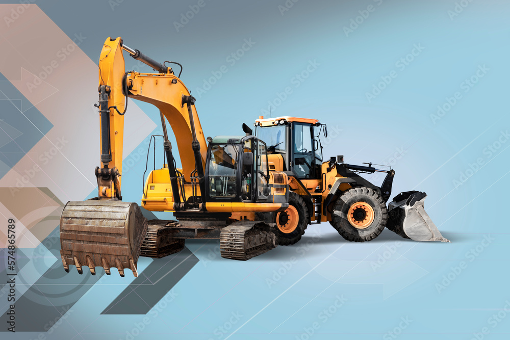 Excavator and bulldozer loader with a big bucket close-up on a blue ...