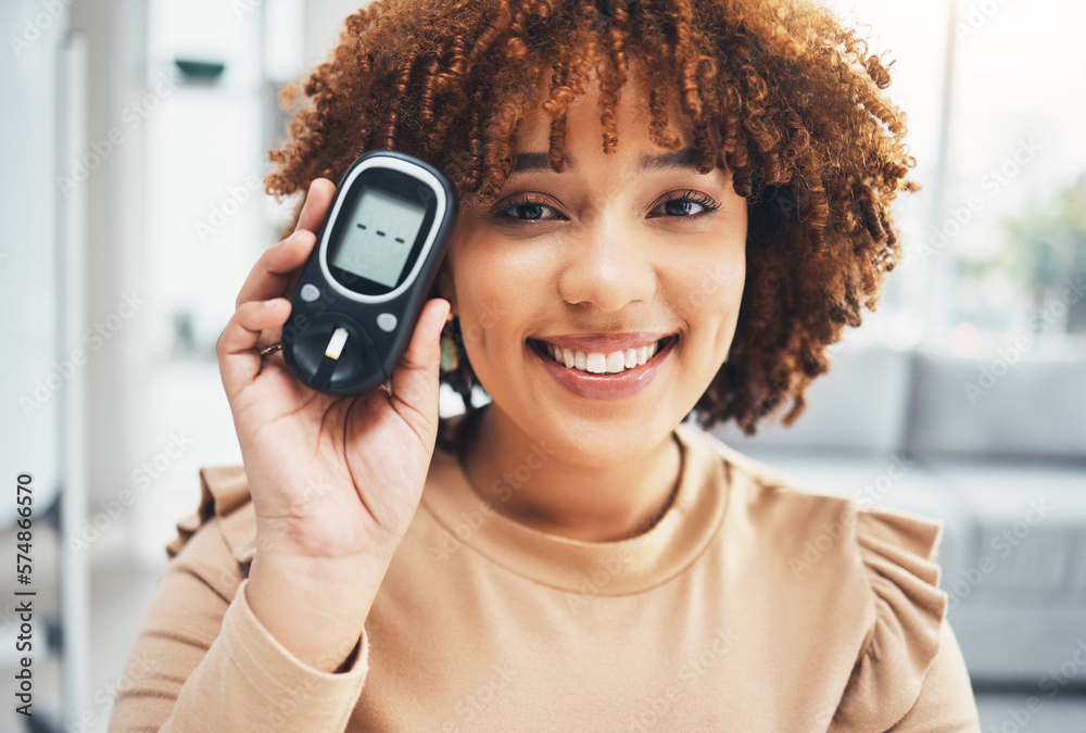 Showing, diabetes and portrait of a black woman with a machine for ...