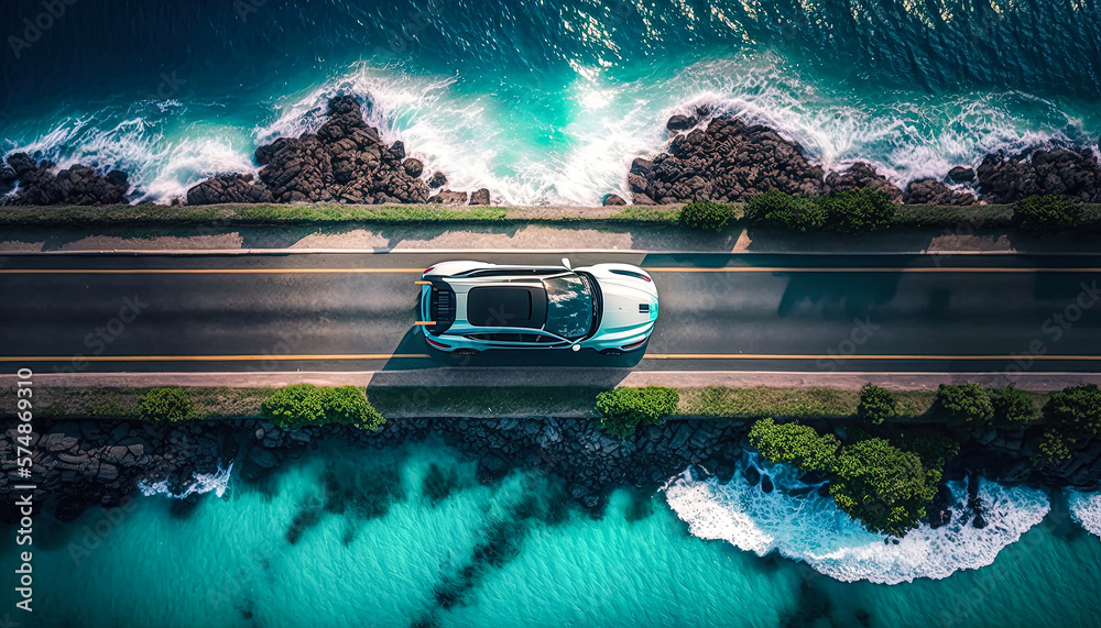 Top down view of an electric car driving on a road surrounded by the ...