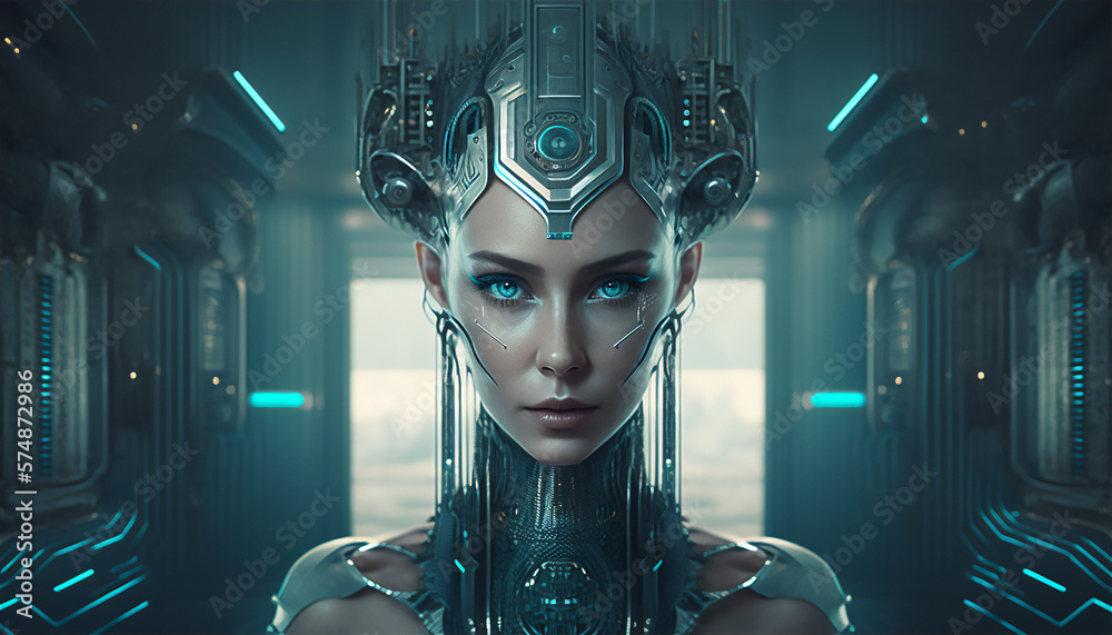 An attractive woman as half-robot or a humanoid android with artificial ...