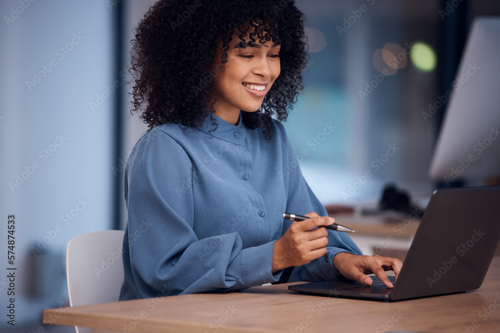 Happy, working and black woman typing on a laptop for email, connection ...