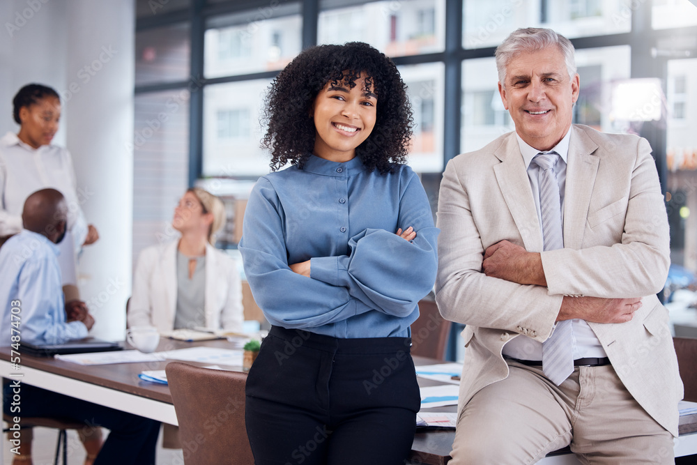 Portrait of proud business people and partner for internship ...