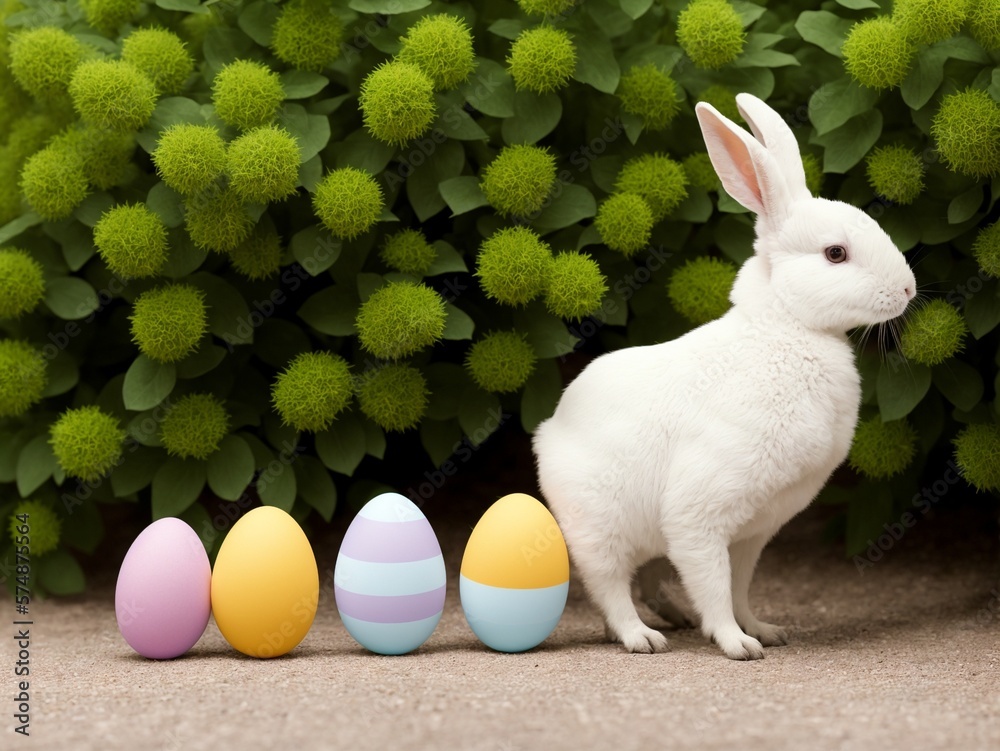 White Easter Bunny Rabbit and Painted Easter Eggs in Pretty Pastel ...