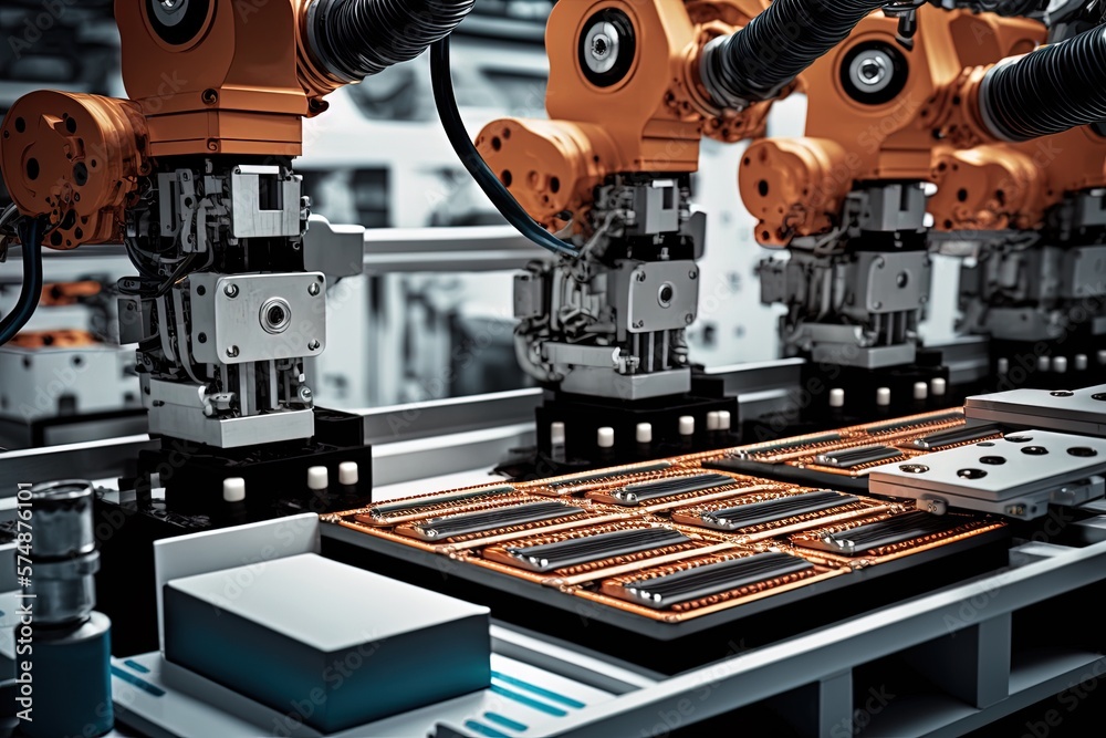 Interior of industry factory, Robot assembly line with electric car ...