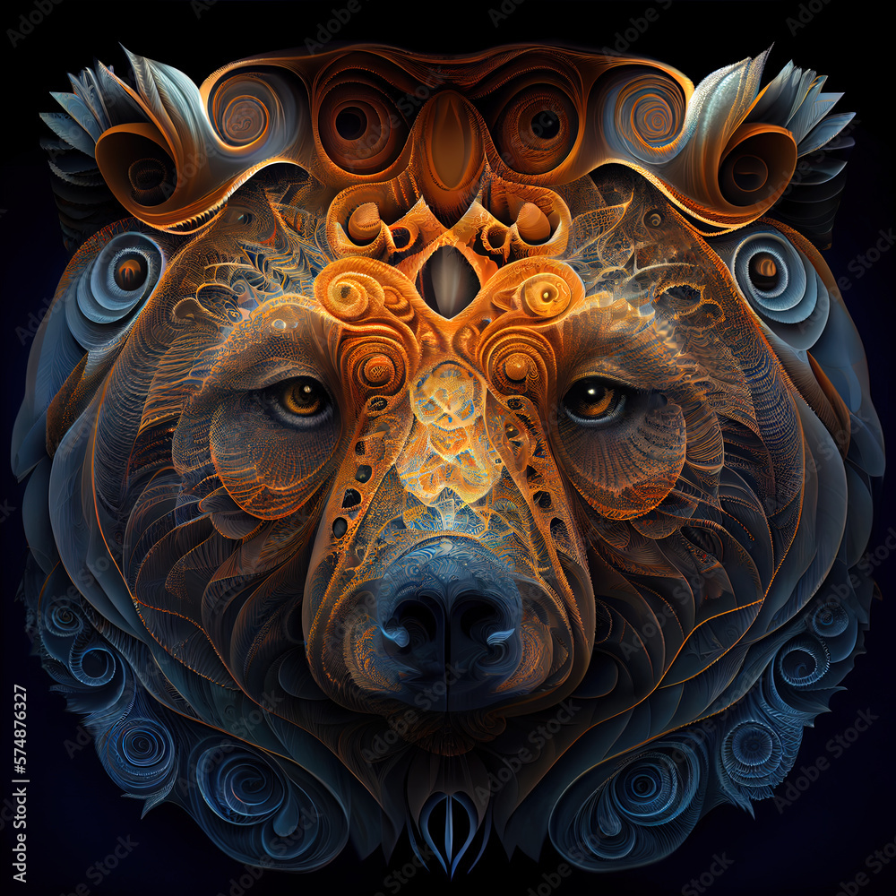 trippy 3d psychedelic illustration of a grizzly bear with sacred geometry and seed of life ...