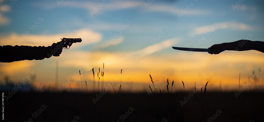 Katana versus revolver fight in the field. Military conflict in Asia ...