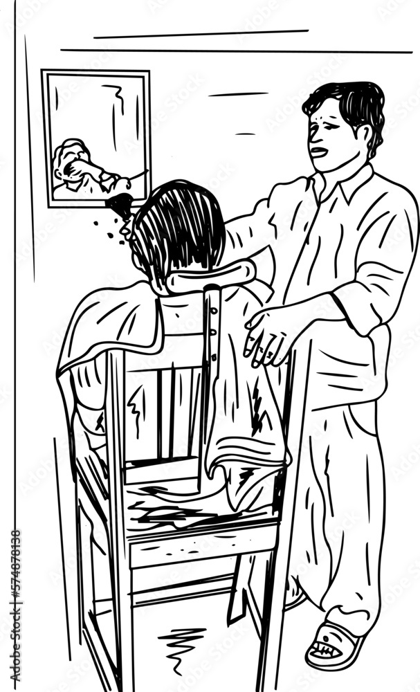 Sketch drawing of Old vintage barber doing shave in retro salon, line ...