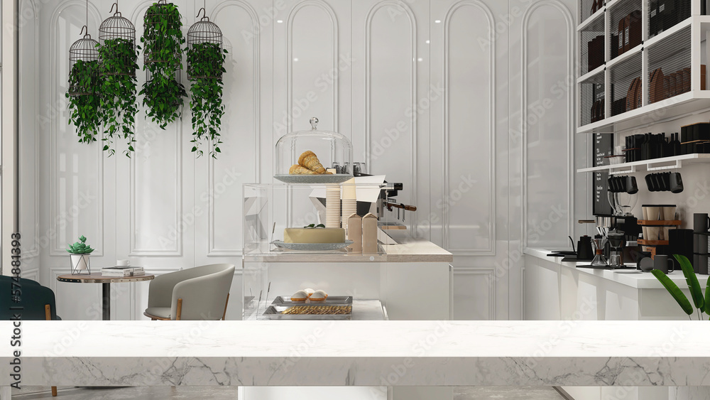 Blank white marble counter in modern, luxury design cafe with counter ...