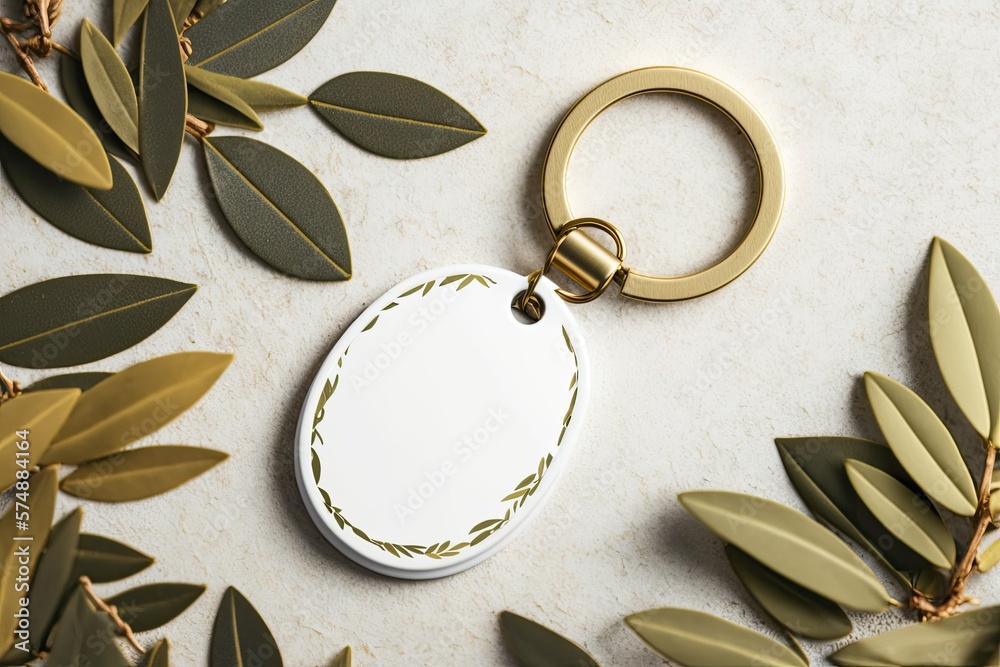 Mockup of a keychain with olive leaves to show the design. Blank white ...