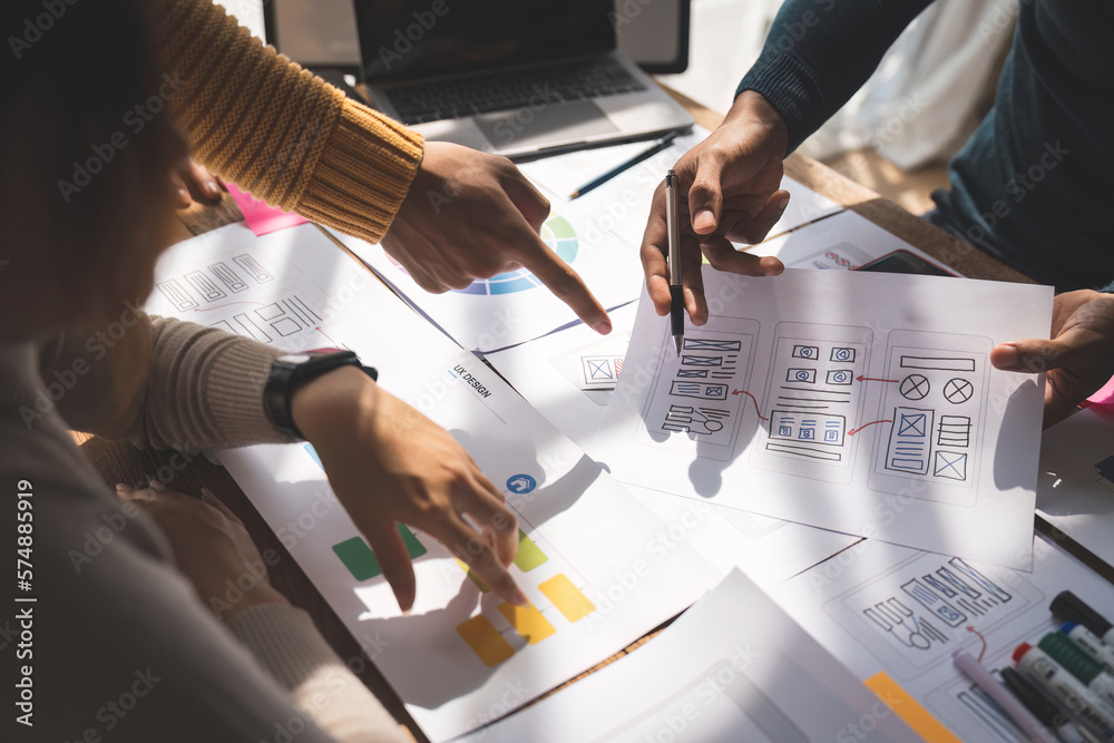 business creative team in mobile application software design project. Brainstorm meeting, work ...