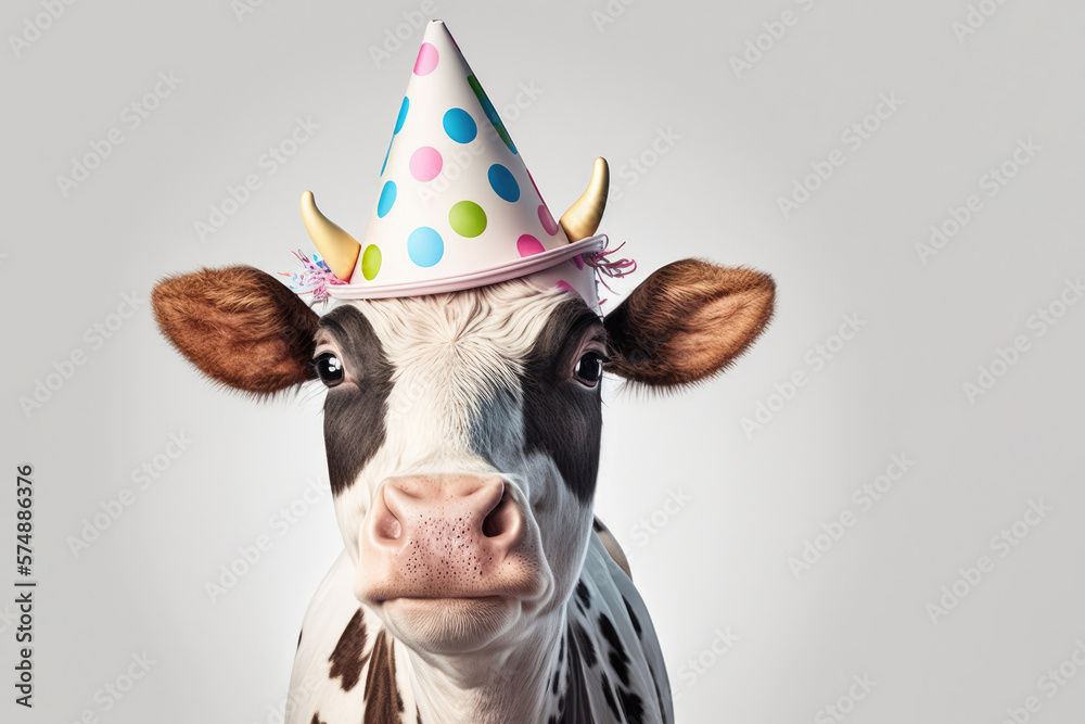 An adorable cow in a party mood wearing a birthday hat, isolated over ...