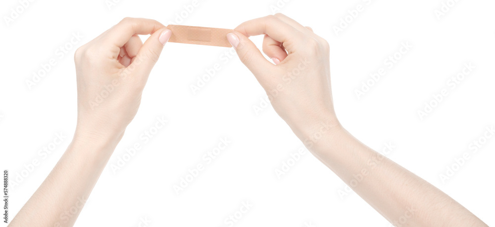 Female caucasian hands sticking medical adhesive wound plaster isolated ...