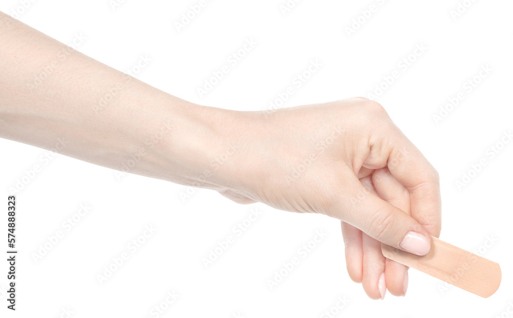 Female caucasian hands sticking medical adhesive wound plaster isolated ...