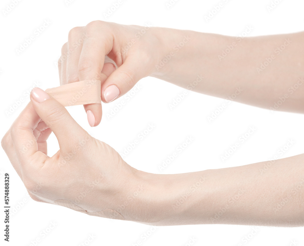 Female caucasian hands sticking medical adhesive wound plaster isolated ...