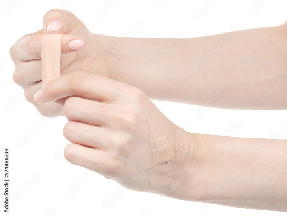 Female caucasian hands sticking medical adhesive wound plaster isolated ...