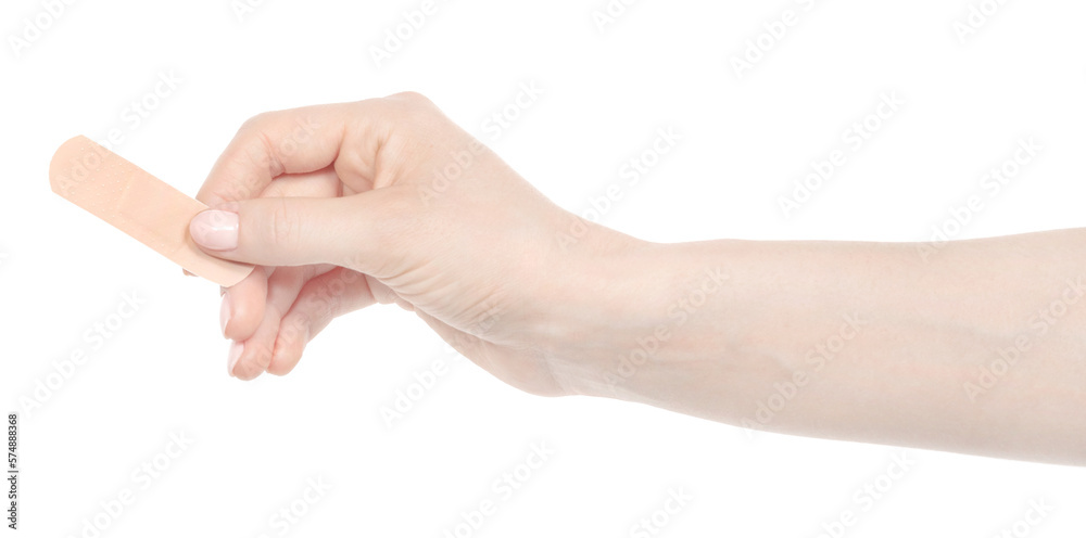 Female caucasian hands sticking medical adhesive wound plaster isolated ...