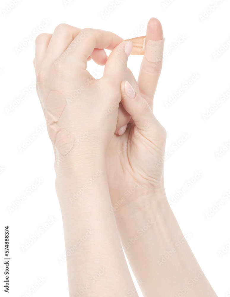 Poster Female caucasian hands sticking medical adhesive wound plaster ...