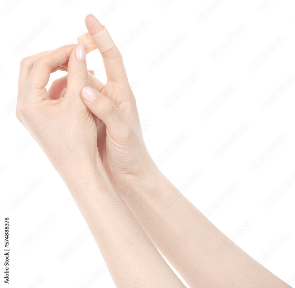 Female caucasian hands sticking medical adhesive wound plaster isolated ...