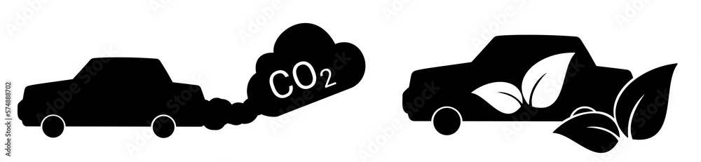 CO2 emission car and zero emission car icon on transparent background ...