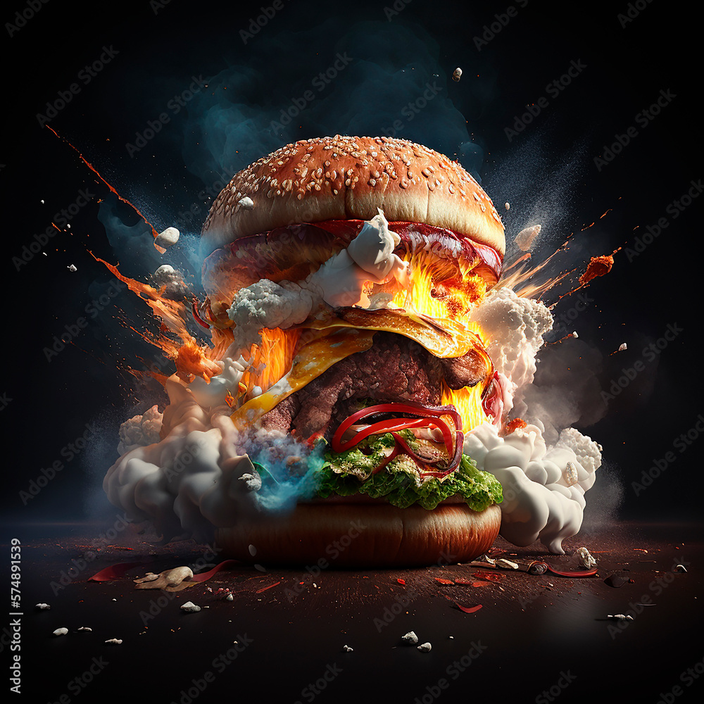 generative ai illustration of big, greasy exploding burger with ...