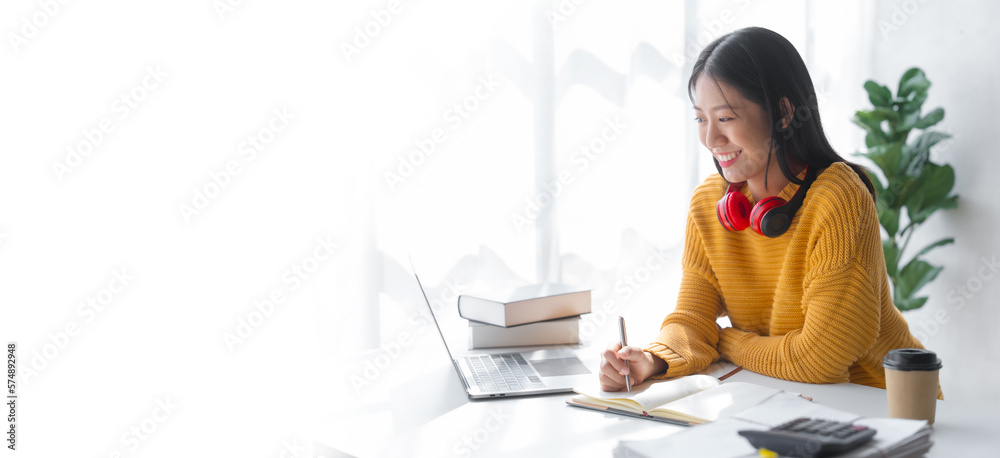 Young chinese asian student learning online classroom with professor on ...