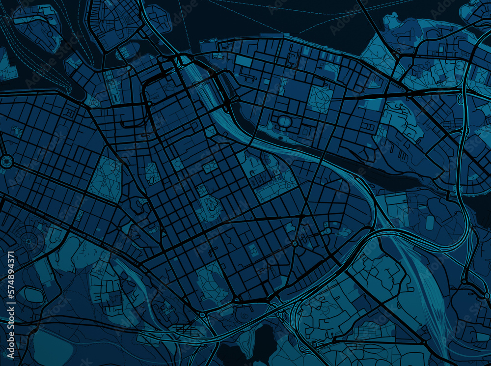 Illustrative map of a fictional city in dark tones. Abstract city map ...